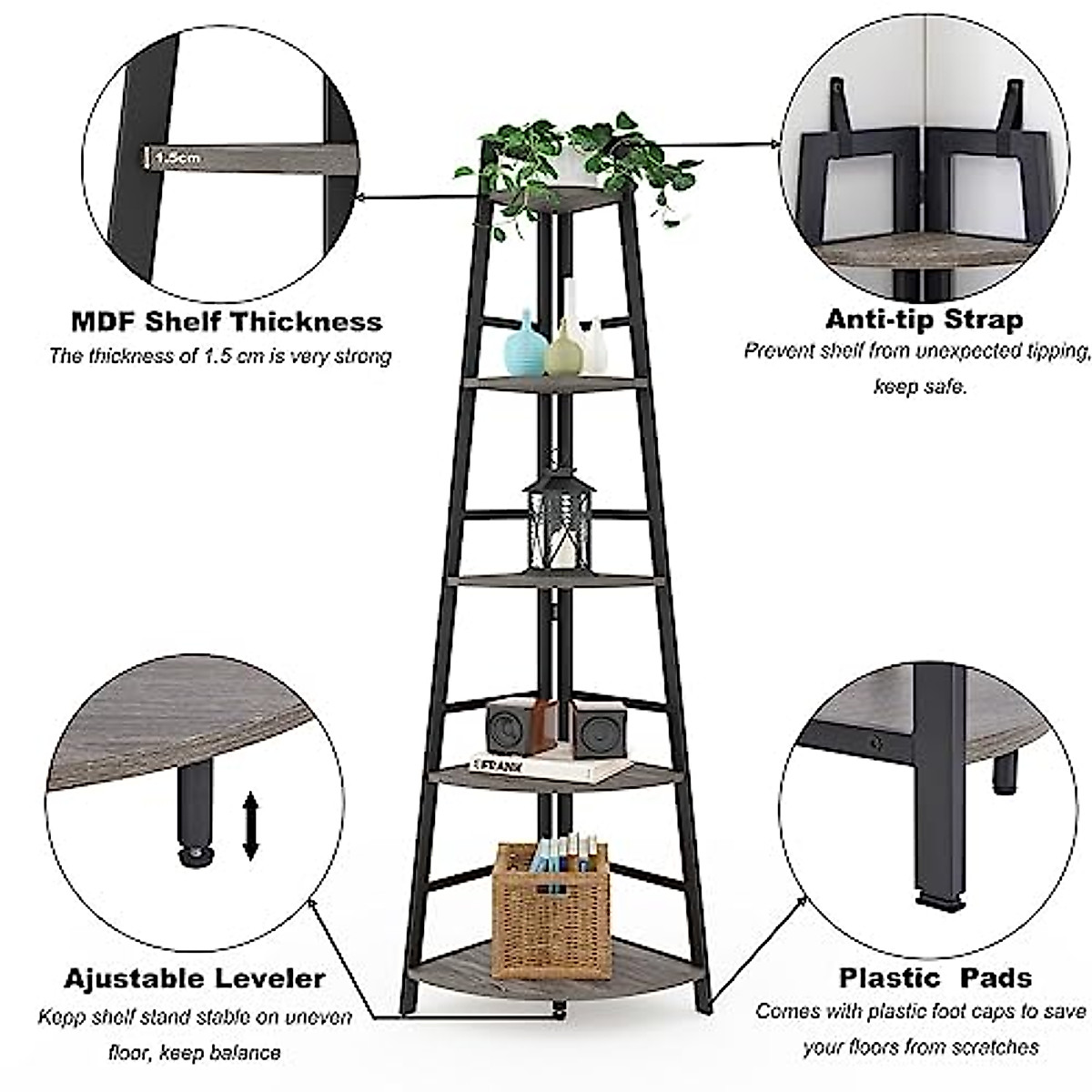 BON AUGURE Rustic Tall Corner Bookshelf, 5 Tier Wood and Black Metal Corner Ladder Shelf, Industrial Corner Bookcase and Gray Corner Shelf for Living Room, Bathroom, Kitchen (Dark Gray Oak)