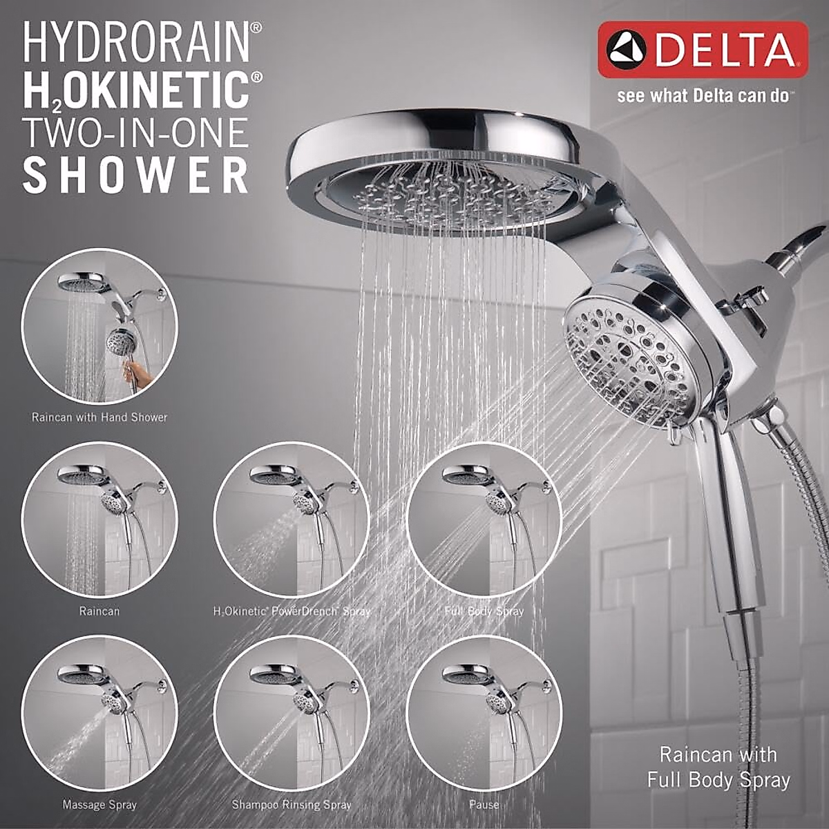 Delta Faucet HydroRain 5-Spray H2Okinetic Dual Shower Head with Handheld Spray, Chrome Shower Head with Hose, Handheld Shower Heads, Detachable Shower, 2.5 GPM Flow Rate, Lumicoat Chrome 58680-PR25