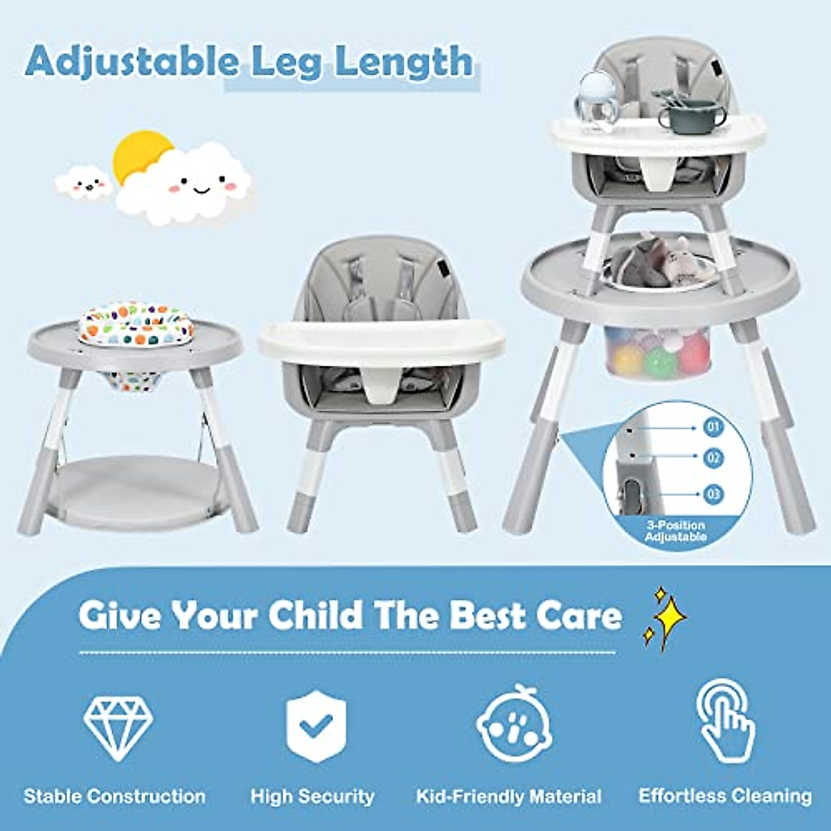 HONEY JOY 7 in 1 High Chair, Baby Highchair with Storage Basket, Convert to Toddler Chair & Table/Booster Seat/Building Block Table/Infant Feeding Chair/Baby Activity Center Bouncer (Gray)