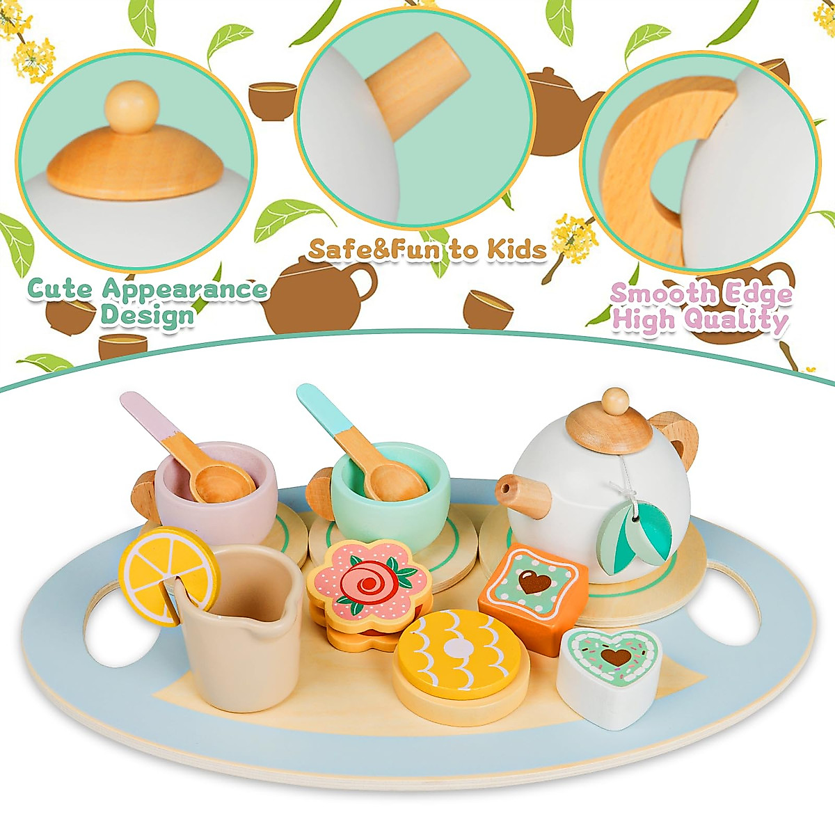 VewePata 17Pcs Wooden Tea Set for Little Girls, Toddler Tea Set Play Kitchen Accessories Play Food Playset for Kids Tea Party, Wooden Toys for 2 3 4 5 6 7 8 Year Old Girls Birthday Gifts
