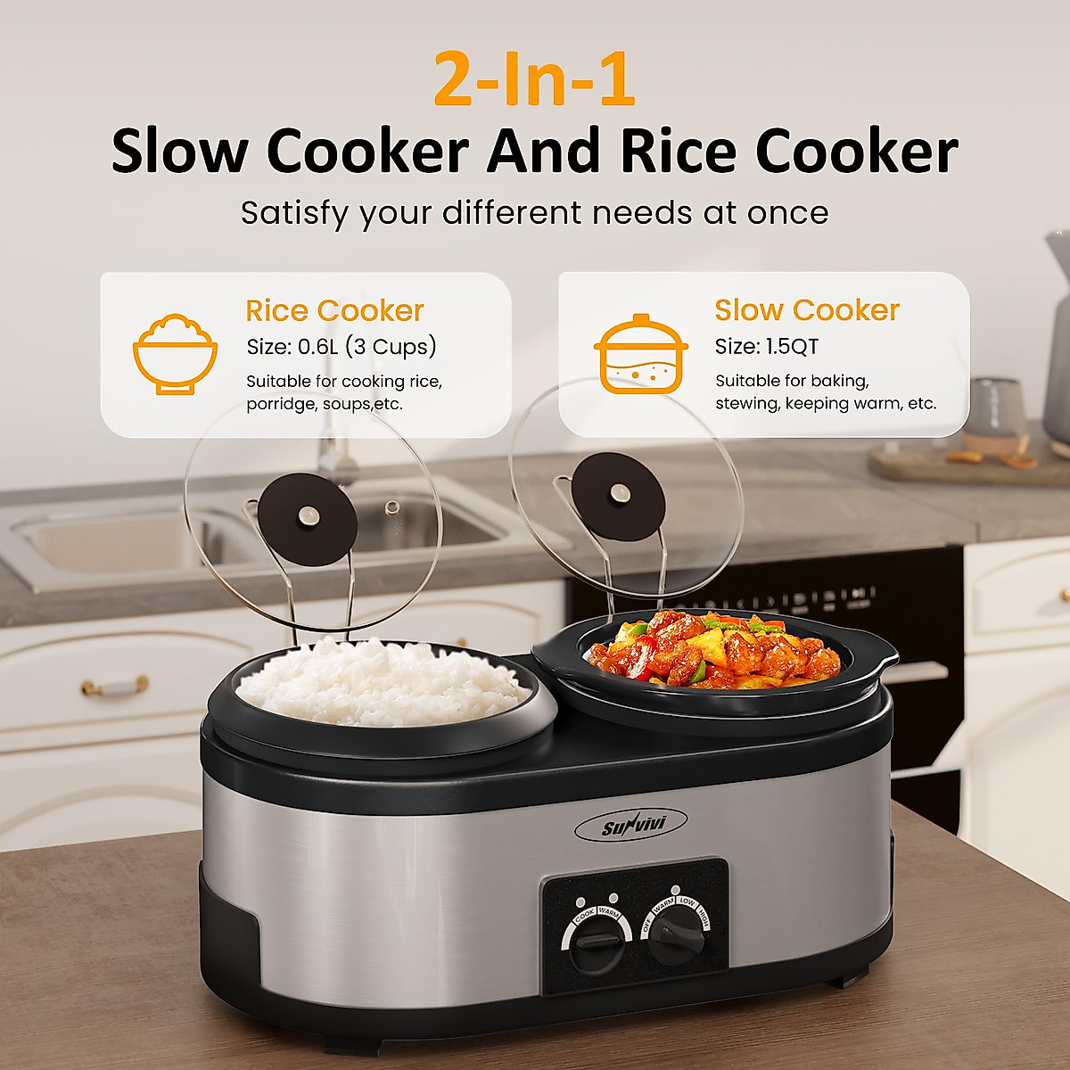Sunvivi 2 in 1 Slow Cooker and Rice Cooker, Slow Cooker with 1.5 QT Ceramic Pot & 3 Temps, Rice Cooker with 3- Cup Non-Stick Aluminum Pot & Indicator Lights, Dual Control Knob, Stainless Steel