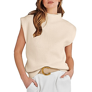 ANRABESS Women's Mock Neck Sleeveless Sweater Vest Casual Cap Sleeve Knit Pullover Tank Tops 2024 Spring Summer Clothes Apricot-L