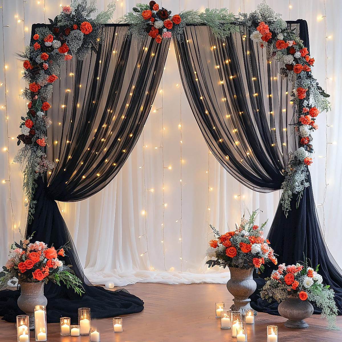 Black Sheer Backdrop Curtains with Lights String for Birthday Party 10ft × 8ft Black Tulle Backdrop Curtain for Baby Shower Halloween Photo Shoot Decorations