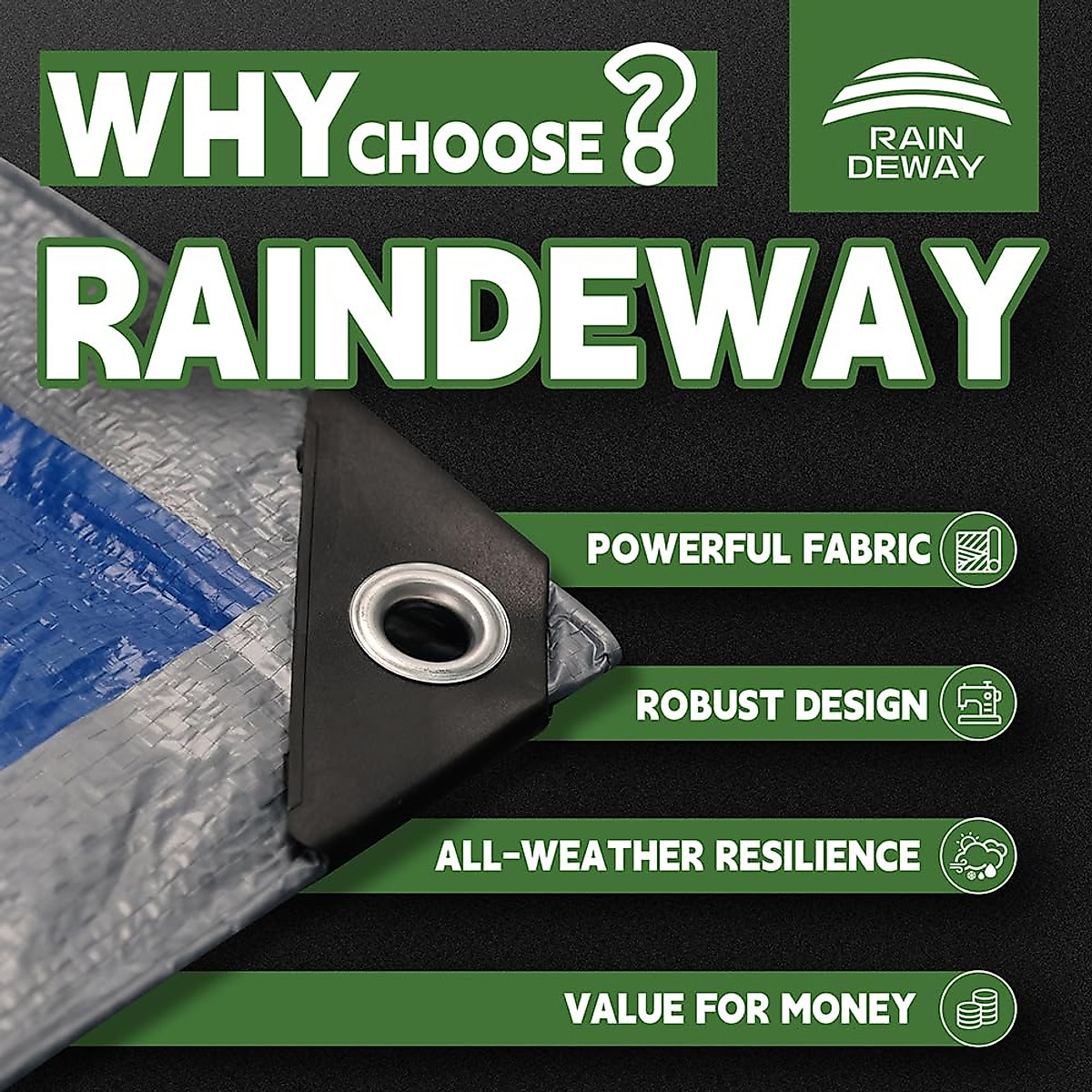RAINDEWAY Tarps 12x12 Feet - 5.5 Mil, Multipurpose Waterproof Poly Tarp Cover with Metal Grommets and Reinforced Edges, Silver/Blue Tarp