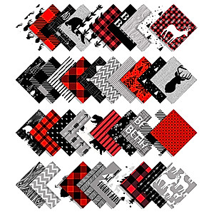 Soimoi Lumberjack Theme Print Precut 5-inch Cotton Fabric Quilting Squares Charm Pack DIY Patchwork Sewing Craft- Red & Black