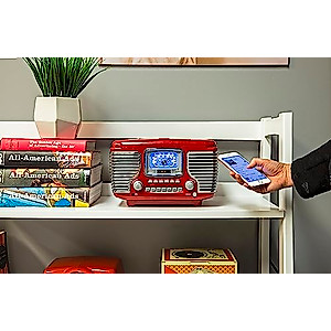 Crosley CR612B-RE Corsair Tabletop AM/FM Bluetooth Radio with CD Player and Dual Alarm Clock, Red