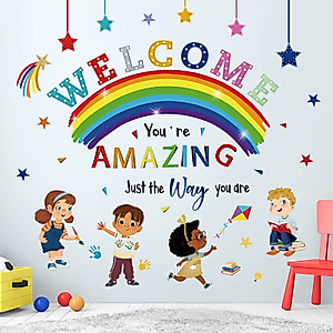 wondever Reading Corner Rainbow Wall Decals Kids Inspirational Quotes You are Amazing Peel and Stick Wall Art Stickers for Reading Room Classroom Kids Room