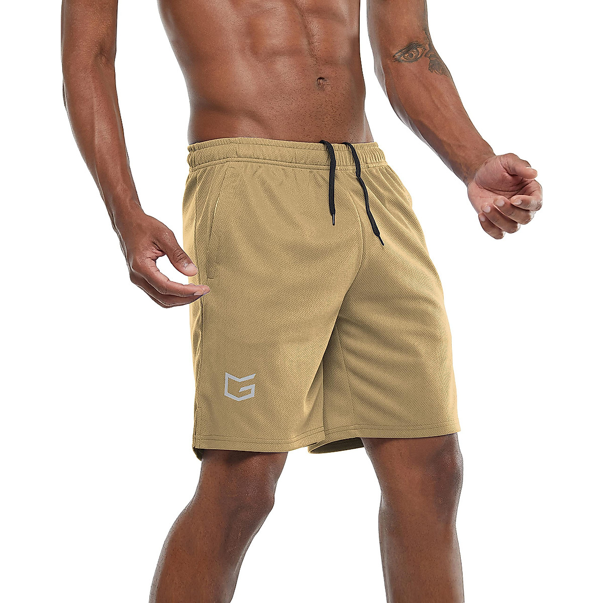 G Gradual Men's 7" Workout Running Shorts Quick Dry Lightweight Gym Shorts with Zip Pockets (Light Khaki Large)