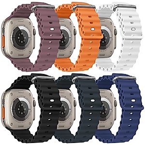 6 Pack Ocean Band Compatible with Apple Watch Band Ultra 49mm for Women Men, Silicone Adjustable Sport Band with Metal Buckle for Apple Watch iWatch Series Ultra Strap (Black/Midnight/White/Deep