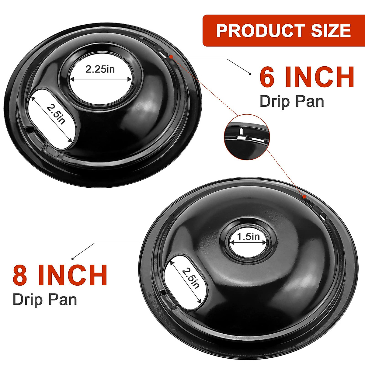 W10290350 W10290353 Black Porcelain Burner Drip Pans By AMI PARTS - Replacement for Whirl-pool Electric Range Cooktop - Includes 2 8-Inch and 2 6-Inch Pans