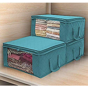 MMLL 3-Pack Fabric Clothes Storage Boxes, Bedding Large Storage Bags, Underbed Clothing Storage Box, Zipper Foldable Drawer Organizer, Used for Clothes, Blankets, Closets,19" L X 14" W X 8" H (Blue)