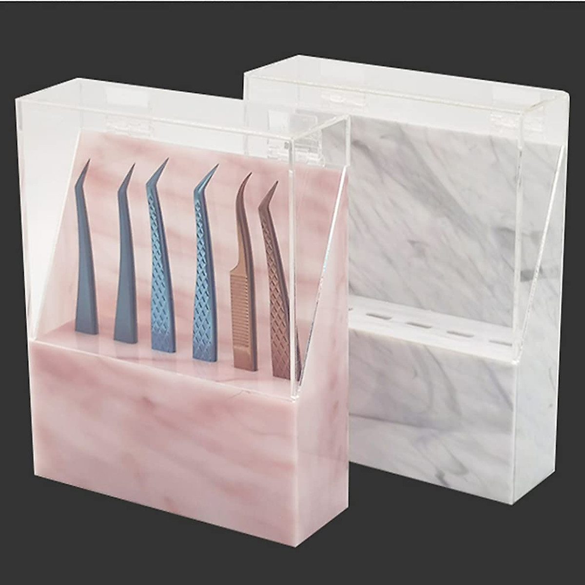 Tweezers Holder Shelf, Dust-proof Tweezer Stand, 6-Hole Acrylic Tweezers Display Stand, Storage Rack Eyelash Extension Tweezers Box with Dust Cover for Salon (White Marble)