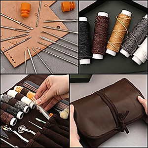 TLKKUE Leather Working Tools Leather Sewing Kit Leather Craft Tools with Storage Bag, Groover, Stitch Wheel, Waxed Threads, Awl, Needles, Manual, Leather Making Kit for DIY Sewing Craft Projects