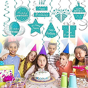 Teal Silver Birthday Decorations Hanging Swirls Party Supplies, 30Pcs Breakfast Blue Happy Birthday Foil Swirls for Girls Women, 16th 21st 30th 40th 50th 60th Bday Ceiling Swirls Sign