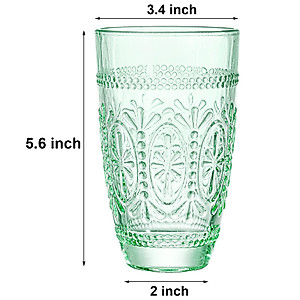 Bekith 4 Pack Colored Romantic Drinking Glasses, 14.5 oz Tall Water Glasses, Embossed Tumblers for Beverage, Beer, Soda, Cocktails, Vintage Glassware Set for Dinner Parties, Bars, Green
