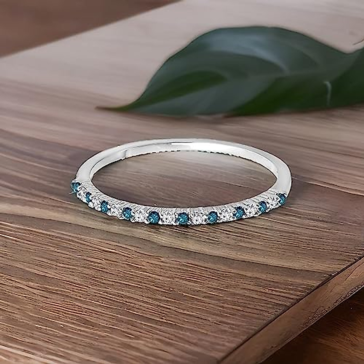 Dazzlingrock Collection 0.15 ctw Alternate Round Blue & White Diamond Stackable Ring for Women in 14K White Gold Size 9