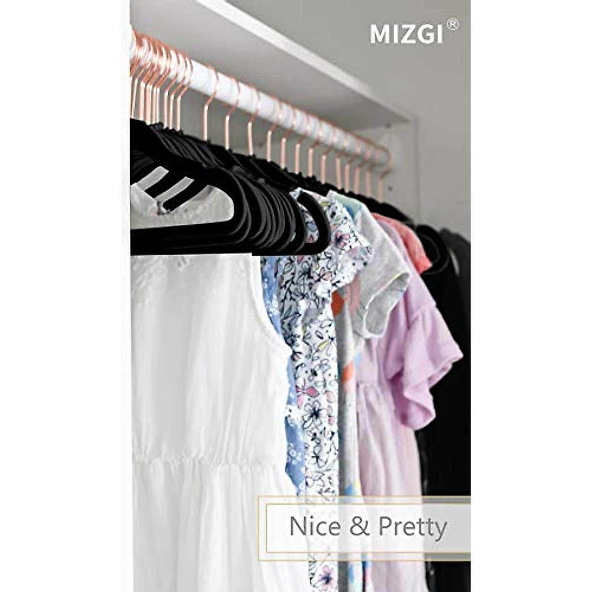 MIZGI Premium Kids Velvet Hangers (Pack of 50) with Copper/Rose Gold Hooks,Space Saving Ultra Thin,Non Slip Baby Hangers for Children's Skirt Dress Pants,Clothes Hangers（Black