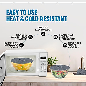 Basic Haus Microwave Cover Silicone Lids - Set of 5: 6, 8, 10, 12 and 14 inches - Suction Covers for Pots, Pans, Bowls, Cups, Skillets - Splatter Protection - Easy Food Storage - BPA Free - Oven Safe