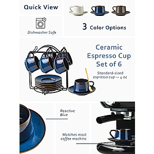 YHOSSEUN Espresso Cups Set of 6, 4 OZ Expresso Shots Cup Small Coffee Cup with Sacuers Metal Stand, Ceramic Espresso Cups for Cappuccino, Latte, Cafe Mocha and Tea, Blue