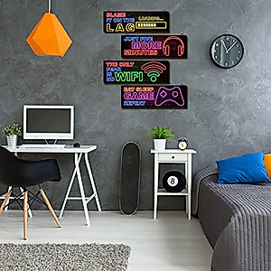 clothmile 4 Pcs Neon Gaming Decor for Boys Room Wooden Video Game Wall Art Motivational Quote Gamer Hanging Plaques Inspirational Wall Decor for Boys Kids Room Bedroom Playroom Decorations