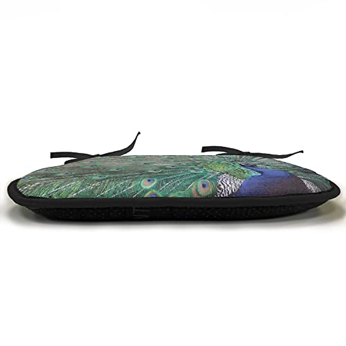 Lunarable Peacock Chair Cushion Pads Set of 4, Peacock Displaying Elongated Majestic Feathers Open Wings Picture, Anti-Slip Seat Padding for Kitchen & Patio, 16"x16", Pale Brown Navy Blue