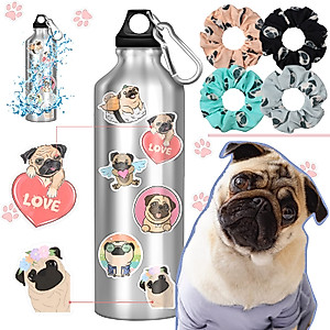 8 Pieces Pug Dog Hair Scrunchies with Funny Pug Dogs Makeup Bag and 50 Pieces Kawaii Pug Dog Stickers, Cotton Rounds Elastic Hair Bands Girls Hair Accessories and Cosmetic Bags Organizer for Girls