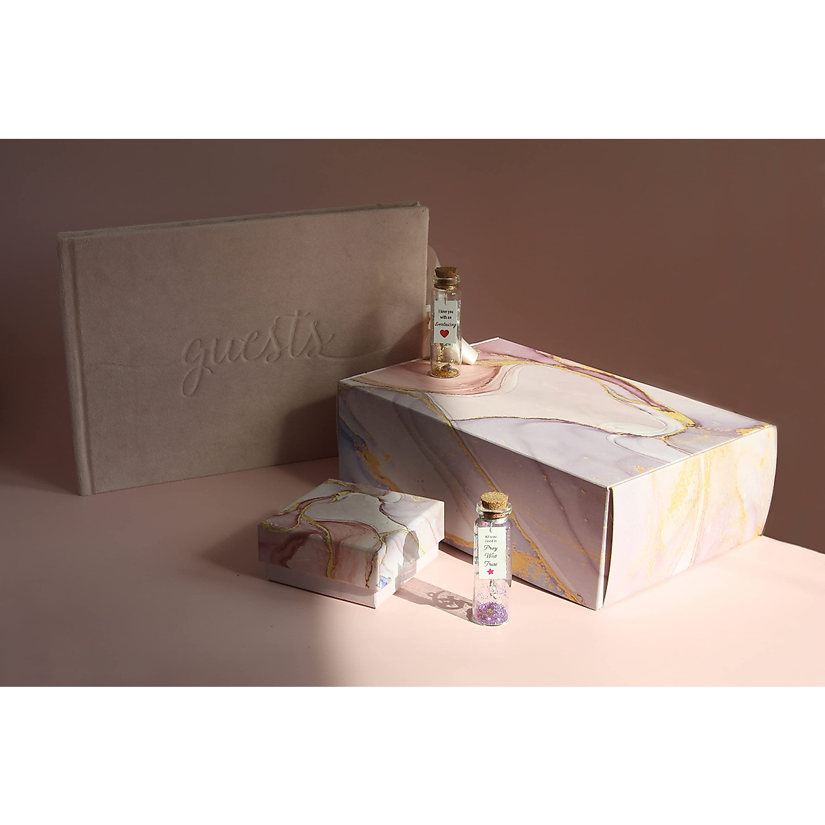 Luxurious Pink Marble & Glitter Gift Box Set (6 Pcs) - Includes 6 Boxes & 6 Cards - 9.5" X 6" X 3" - Perfect for Valentine's Day, Bridesmaid Proposals, Weddings, Baby Showers, Christmas, Anniversaries (Pink)