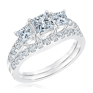 2 Carat 3 Stone Princess Cut Bridal Set Moissanite Engagement Rings for Women Platinum Plated Silver Princess Moissanite Rings -11.5