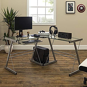 Walker Edison Ellis Modern Glass Top L Shaped Corner Gaming Desk with Computer Keyboard Tray, 51 Inch, Silver