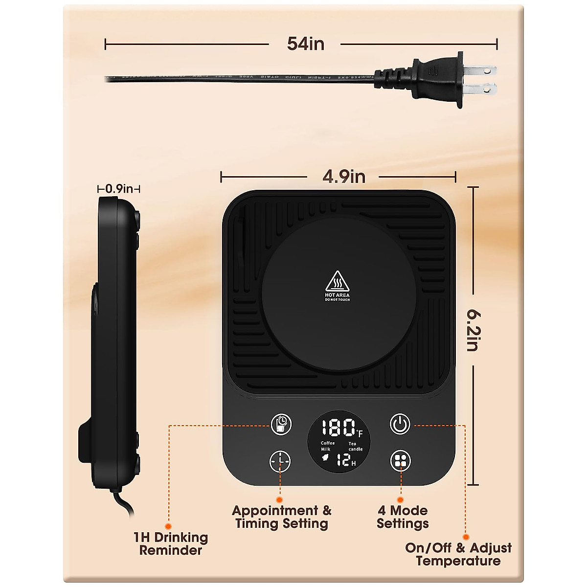 2024 Upgraded Coffee Mug Warmer for Desk, Smart Electric Coffee Warmer, 1H Drink Water Reminder, 4 Mode, 8H Auto Shut Off, 9 Temperature, 12H Timer, Gifts for Women and Men