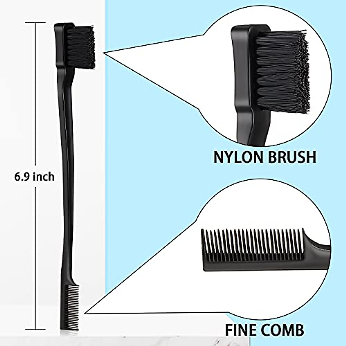 Geiserailie 3 Pcs Slick Back Hair Brush Set Bristle Brush Edge Control Teasing Comb for Women Black Hair(Black)