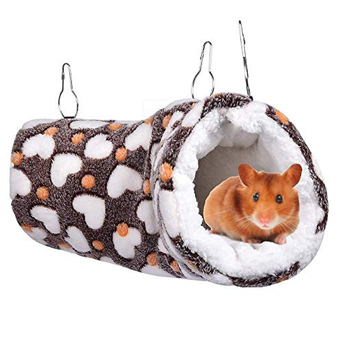 Petmolico Small Animals Hanging Tunnel, Warm Plush Hammock Cage Accessories for Parrot Sugar Glider Ferret Squirrel Hamster Rat Hideout Playing Sleeping, Coffee Heart