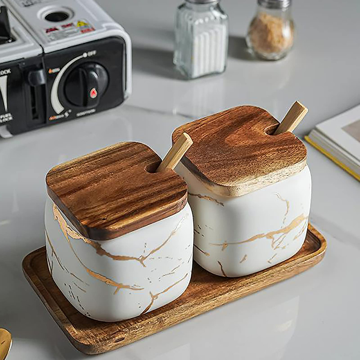EIMQUVW Sets of 2 Marble Ceramic Seasoning Jars Ceramic Sugar Salt bowl Condiment Pots with Wooden Lids,Wooden Spoon and Wooden Tray(White)