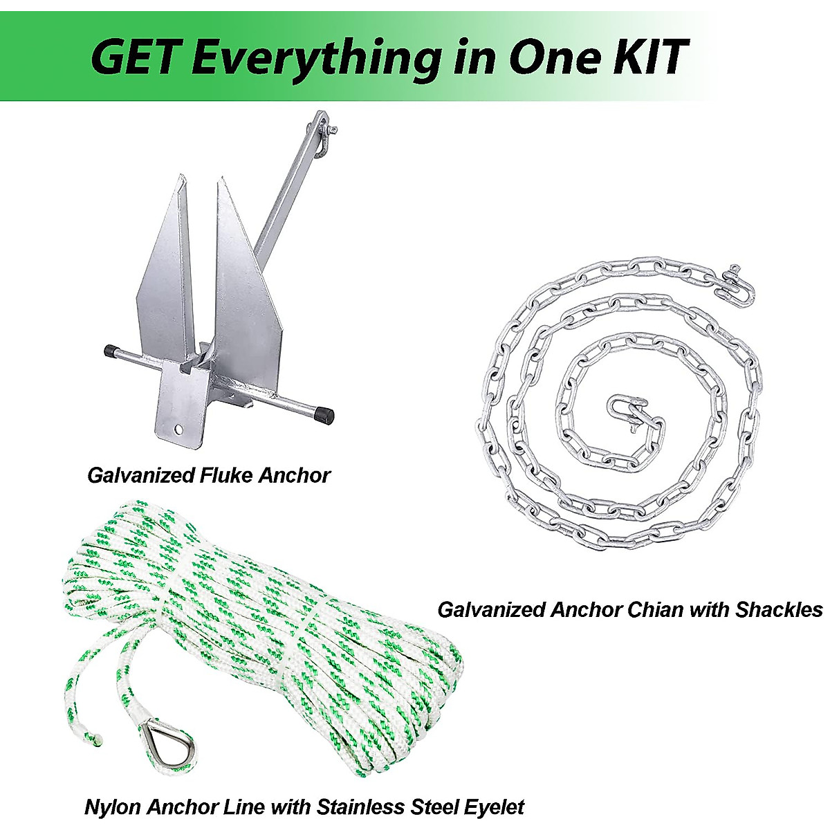 MARINE SYSTEM Anchor Kit Fluke Anchor with Anchor Chain and Boat Anchor Rope Set for Boats Pontoon, Deck, Fishing, and Sail (10 lb)