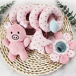 Ymeibe Baby Car Seat Toys, Infant Activity Spiral Plush Toys Hanging Stroller Toys for Baby Girl and Boy with Musical Sheep Rattles with Distorting Mirror (Pink Pig)