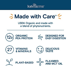 KATE FARMS Organic Plant Based Pediatric 1.2 Sole-Source Nutrition Shake, Vanilla, 12g protein, 27 Vitamins and Minerals, High Calorie Meal Replacement, Gluten Free, 8.45 oz (6 pack)