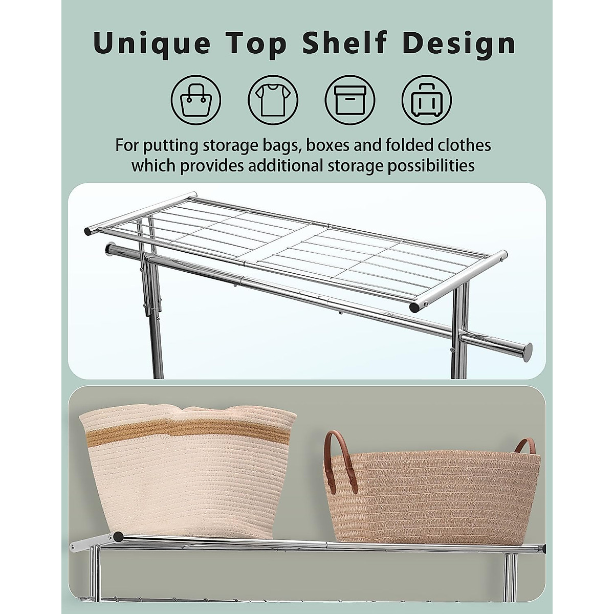 HOUSE AGAIN Clothes Rack on Wheels with Extra Top Storage Shelf, LARGE Rolling Garment Rack for Hanging Clothes, Heavy-duty Metal Clothing Rack Organizer for Bedroom, Living Room -Silver