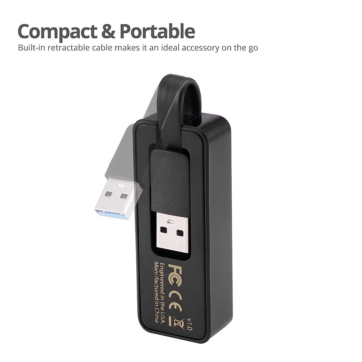 SIIG Foldable USB 3.0 to Ethernet Adapter, 10/100/1000 Mbps Gigabit Ethernet LAN RJ45, Supports Windows 10/8/7, Mac OS X 10.16 to 10.6 - Black (LB-US0714-S1)