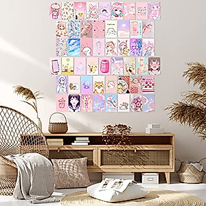 50Pcs Kawai Anime Aesthetic Picture Wall Collage Kit, Pink Cartoon Assembled Print Card Set, Back to School Dorm Photo Poster Display Trendy Style, Sweet Room Decor Cute Collage Kit For Teens Girls Gifts