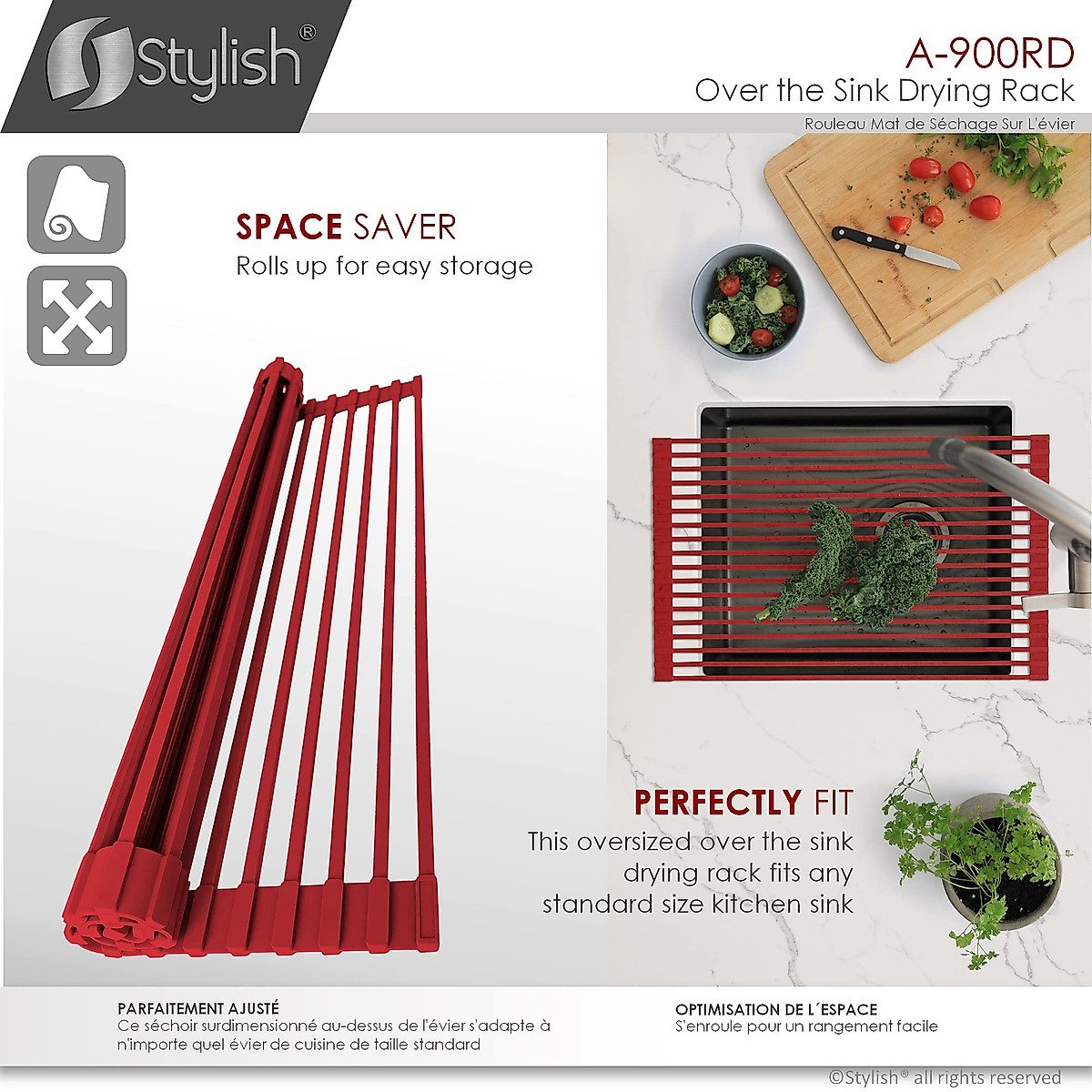 STYLISH Over The Sink Roll-Up Dish Drying Rack | Trivet | Heat Resistant | Drying Dishes and Rinsing Vegetables | Black | A-900BK