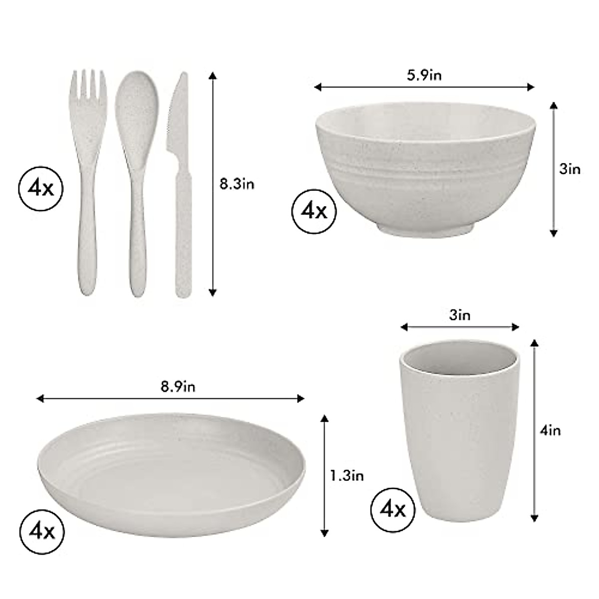 Wheat Straw Dinnerware Sets for 4 Lightweight & Unbreakable Dishes Microwave & Dishwasher Safe Perfect for Camping, Picnic, RV, Dorm Plates, Cups and Bowls (Beige, 24pc Set)