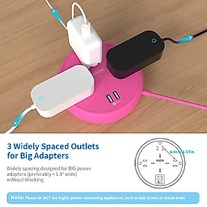 Pink Power Strip with USB Ports, Mountable Flat Plug Extension Cord with 3 Widely Spaced Outlets, 2 USB Charger 5 FT Power Cord, Compact Size Charging Station for Beauty Room Bedroom Home Office