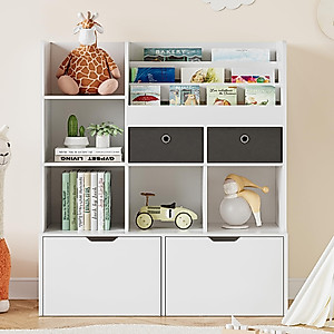 IDEALHOUSE Kids Bookshelf with Drawers 47.8in Toy Storage Organizer Modern Bookcase with Cubbies White Floor Storage Cabinet Wooden Toy Chest Playroom, Classroom, Nursery, Kids Room