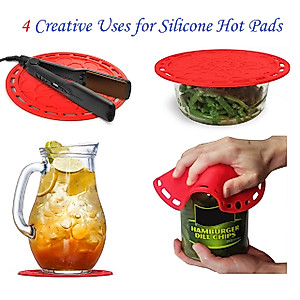 Silicone Hot Pads (Set of 4) - 6 in 1 Multi-Purpose Kitchen Tool, Pot Holder, Splatter Guard, Microwave Cover, Jar Opener, Decorative Trivet, Red, 8 Inches. Includes 121 Cooking Secrets Ebook