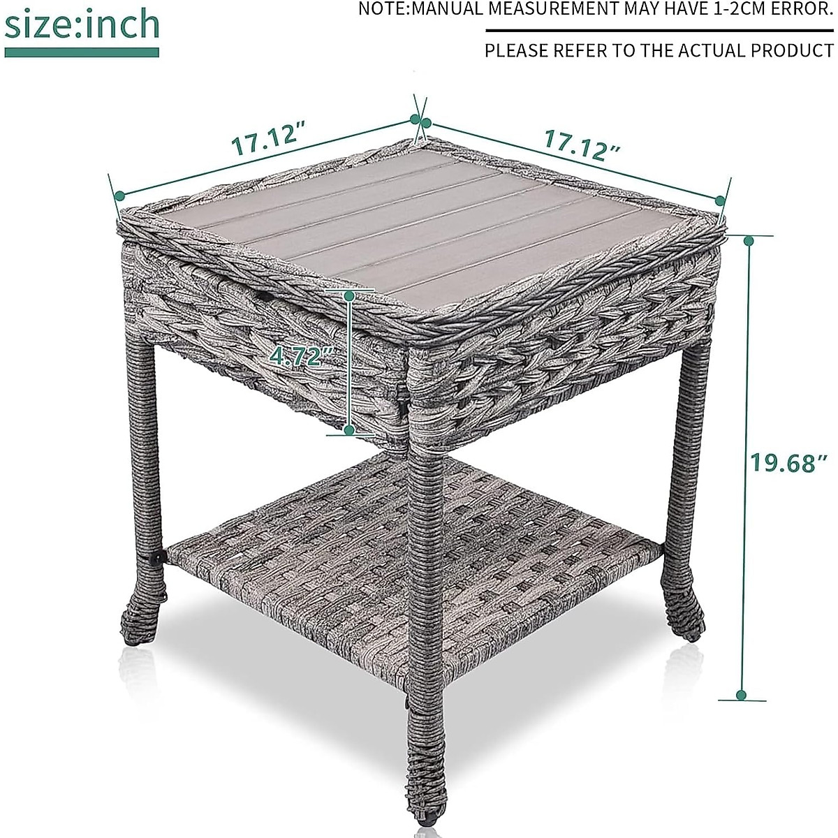 Generic Wicker Patio Side Table with Top - Multipurpose Outdoor End Table for Balcony, Porch, and Backyard Settings with 2-Tier Storage Shelf (Wooden Top), Grey, BZ001