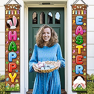 Easter Party Supplies-Happy Easter Porch Sign Banner,2PCS Hello Peeps Front Door Welcome Banner for Spring Theme Easter Bunny Door Decoration (Porch)