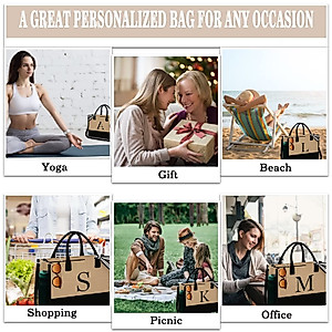 YOOLIFE Initial Tote Bag for Women - Jute Tote Bag with Makeup Bag for Friends Mom Bride Bridesmaid Teacher Appreciation Gifts Letter T Beach Tote Bag with Zipper Personalized Gifts for Wedding