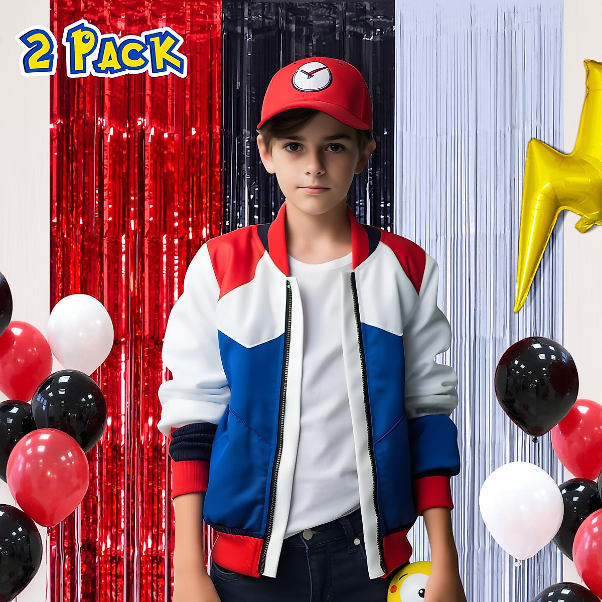 Maga-L Cartoon Monster Birthday Party Supplies,2 Pack Red Black and White Foil Fringe Curtains, Animation Themed Photo Booth Prop, Photo Backdrop, Streamers for Kids Cartoon Birthday Party Decorations