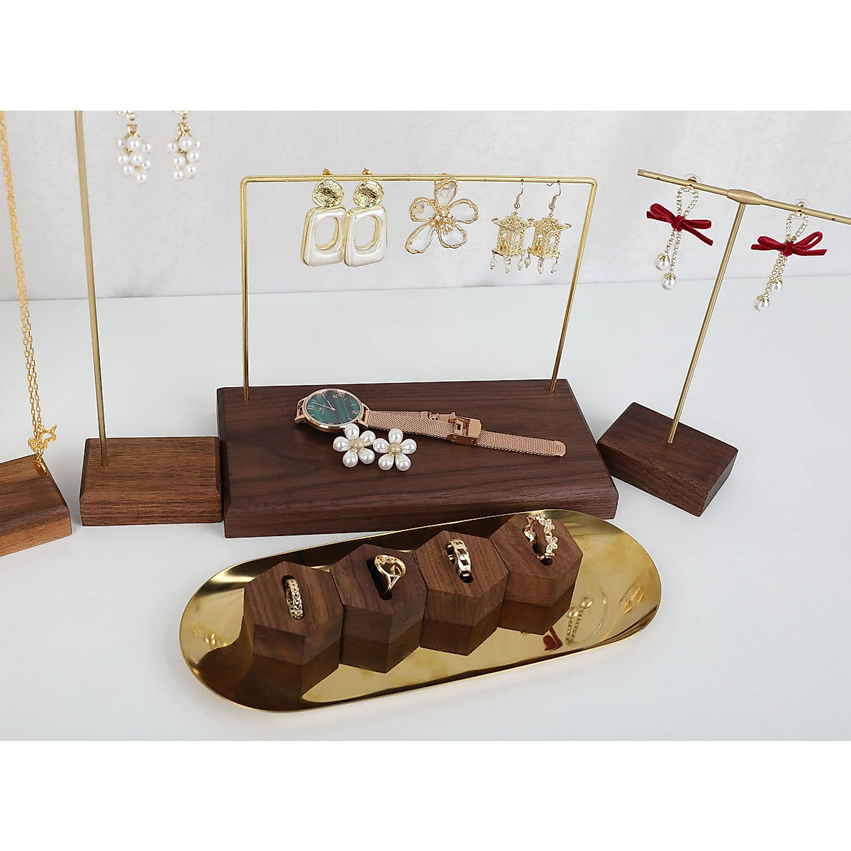 GemeShou Walnut Brass Jewelry Storage Display, Wooden earring organizer for dangle hoop hook, Earring display stands for boutique Closet show【Walnut U Shelf Height 5.91"-Big】