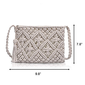 QTKJ Women's Summer Beach Straw Crochet Clutch Bag Shoulder Bag Crossbody Bag Woven Envelope Tassel Bag with Zipper (White)